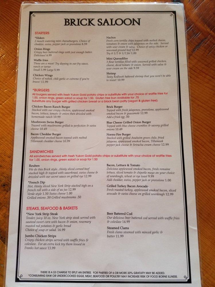 Menu at The Brick Saloon pub & bar, Roslyn