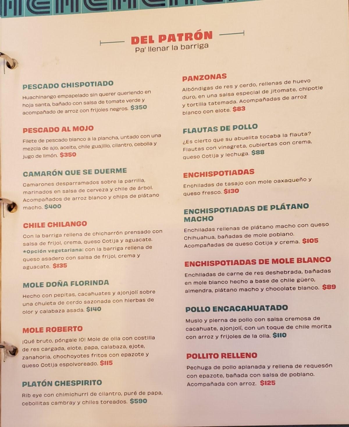 Carta del restaurante Chanfle y Recontrachanfle, Naucalpan del Juárez