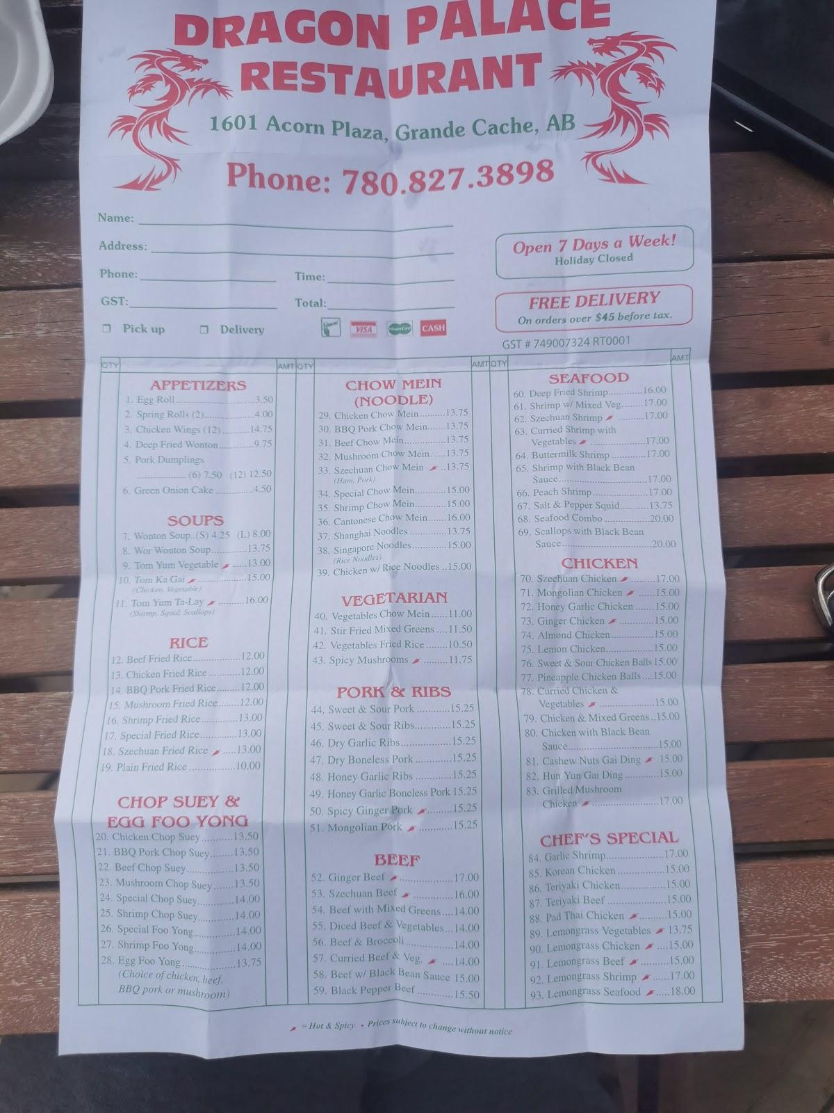 Carta del restaurante Grande Cache Dragon Palace, Grande Cache