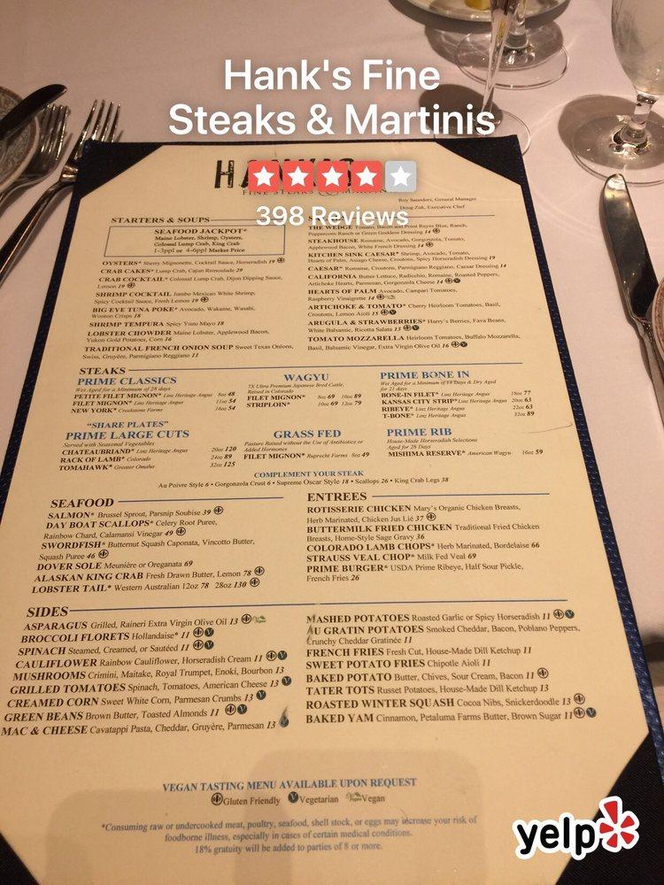 Menu at Hank's Fine Steaks & Martinis pub & bar, Henderson