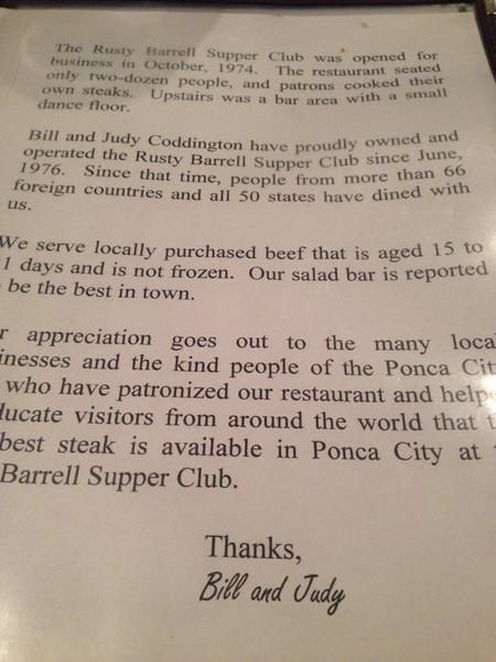 Menu at Rusty Barrell Supper Club Inc, Ponca City
