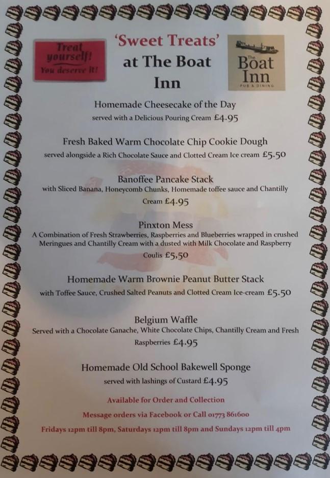 Menu at The Boat Inn restaurant, Sutton-in-Ashfield