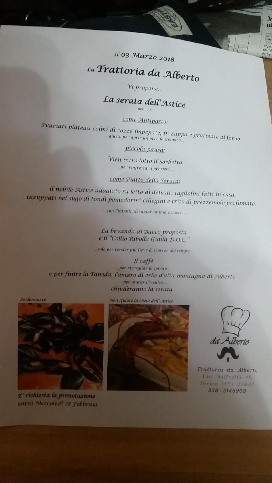 Menu da Trattoria Da Alberto ristorante, Dervio