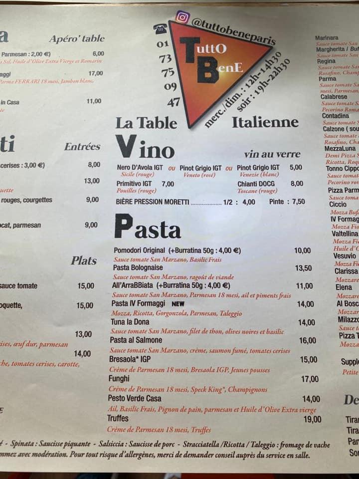 Carta del restaurante Tutto Bene, Paris, 64 Rue Daguerre