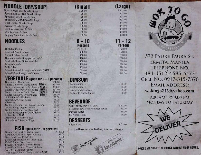 Menu at Wok To Go restaurant, Manila, 572 Padre Faura St