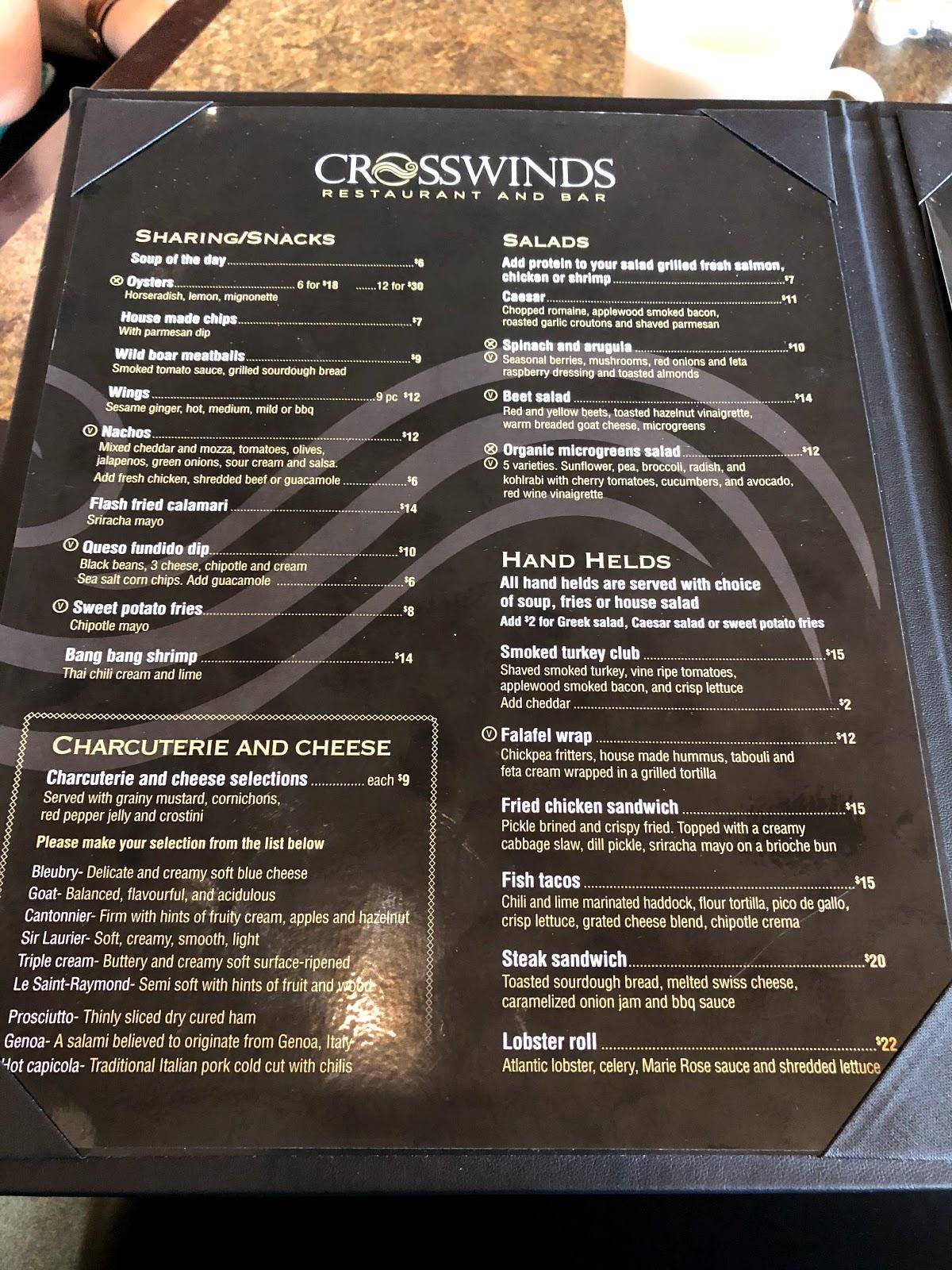 Menu at Crosswinds Restaurant and Bar, Moncton