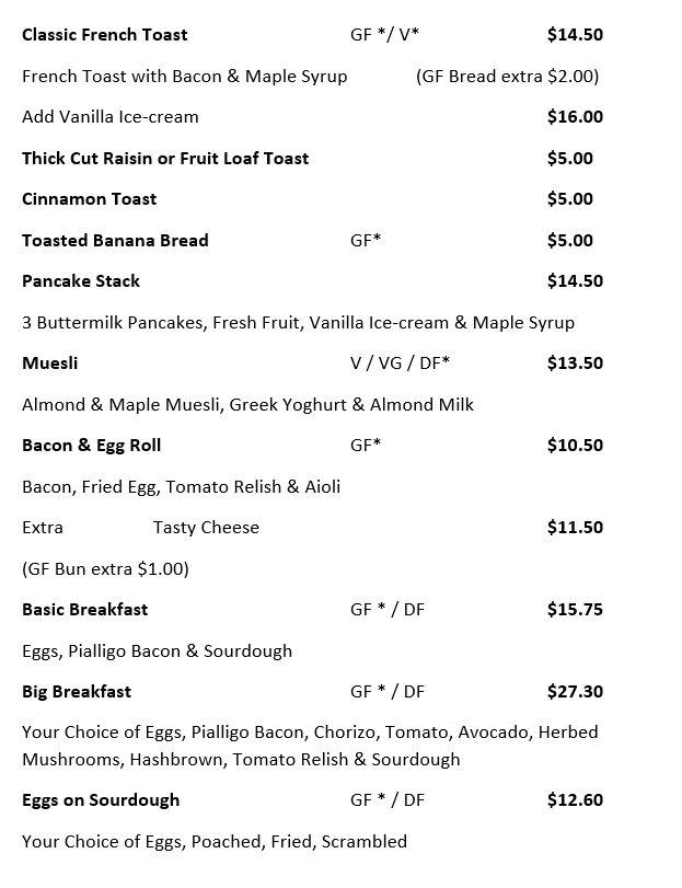 Menu at Elemental Cafe, Braddon
