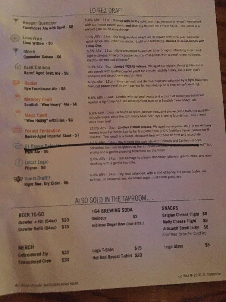 Menu at Lo Rez Brewing and Taproom, Chicago
