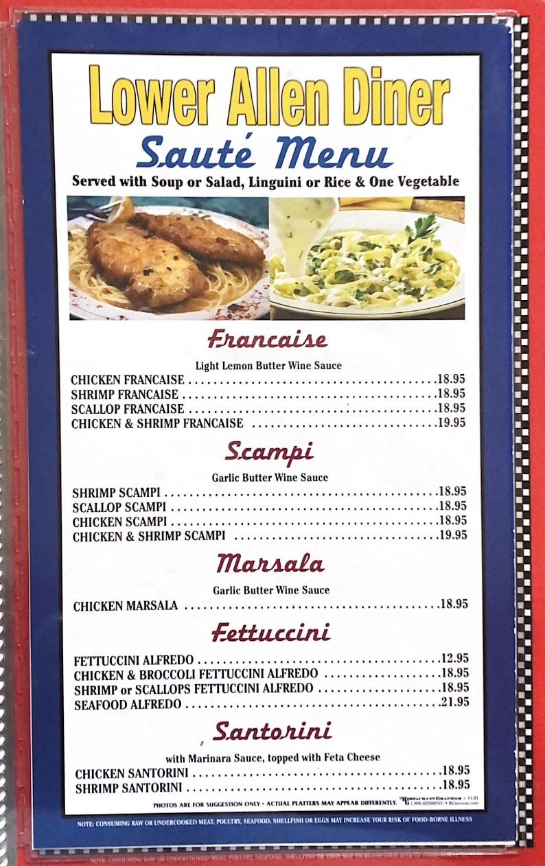 Menu at Lower Allen Diner restaurant, Camp Hill