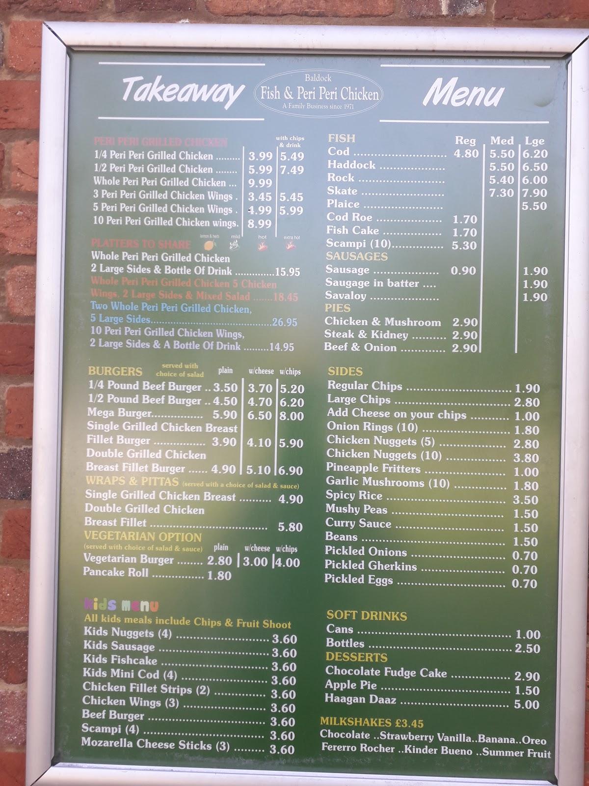 Menu at Maltings Fish and Chips restaurant, Baldock