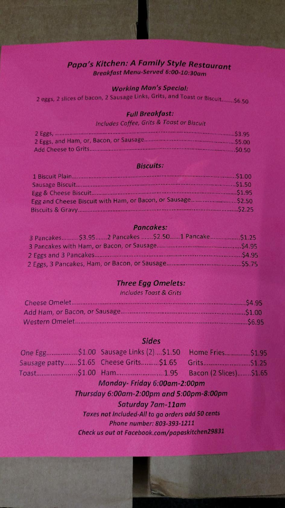 Menu at Papa's Kitchen restaurant, Jackson