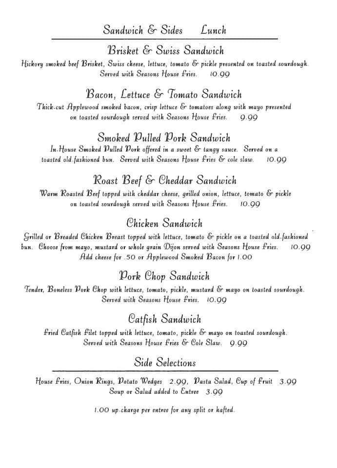 Menu at Seasons Restaurant, Corbin