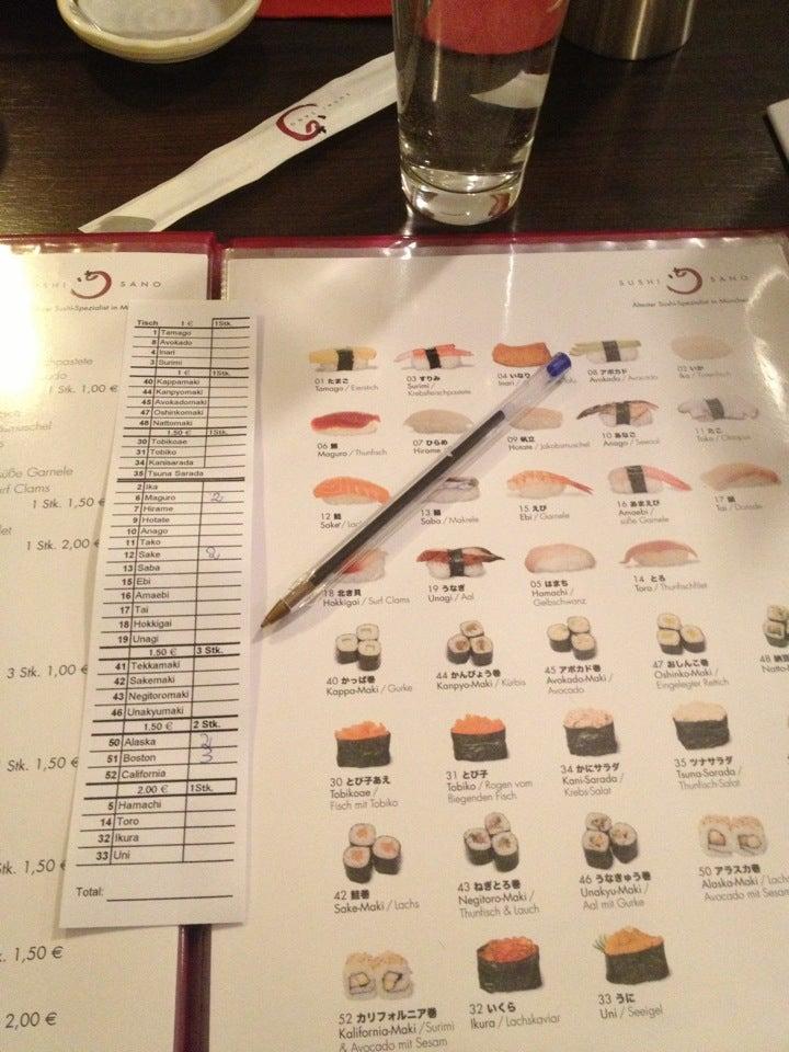 Menu at Sushi Sano restaurant, Munich