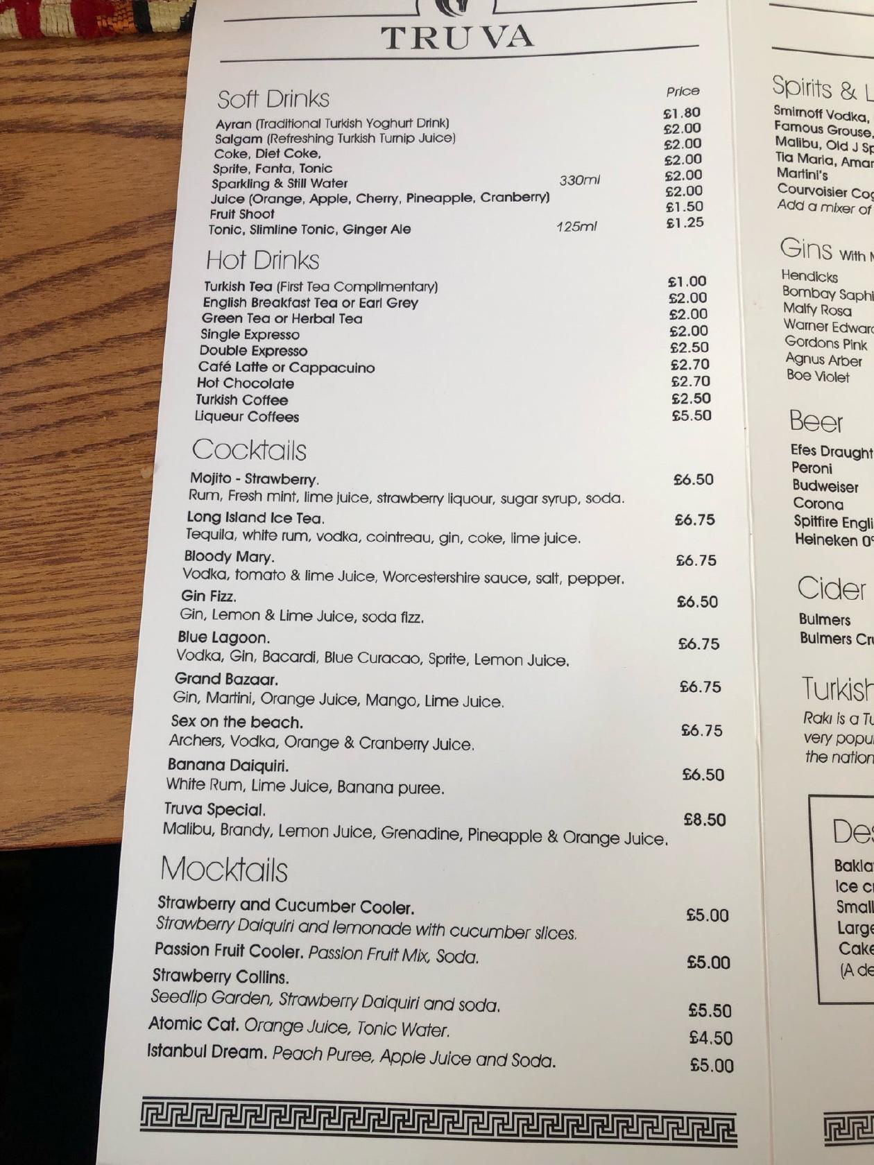 Menu at Truva Lounge Cocktail Bar, Towcester