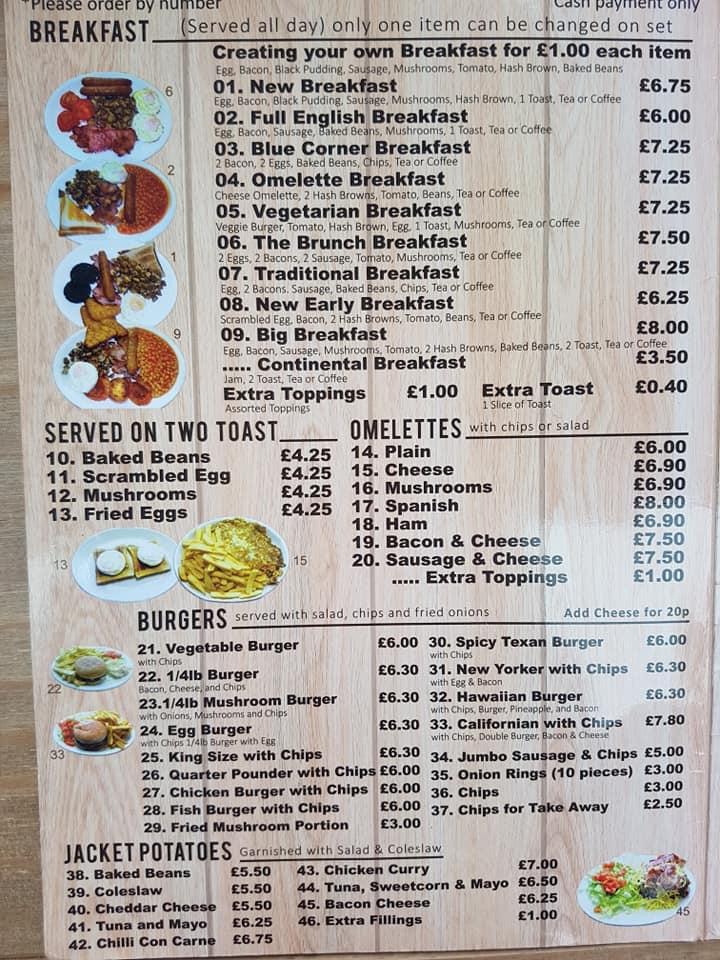 Menu at Blue Corner Cafe, Rushden