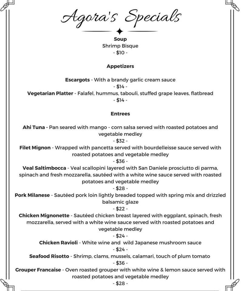 Menu at Agora Restaurant & Bar, Brookfield