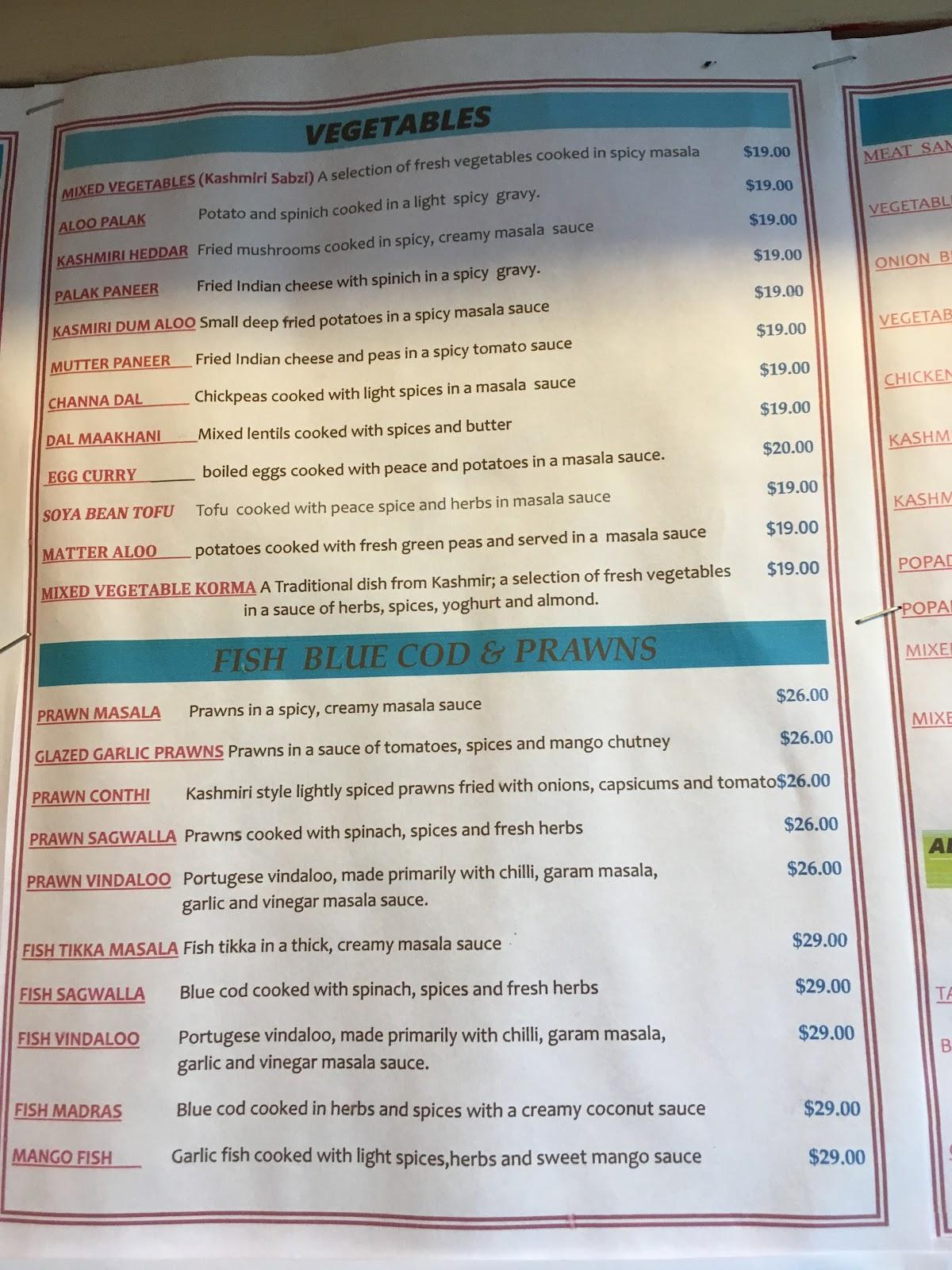 Menu at Ashraf's restaurant, Wanaka