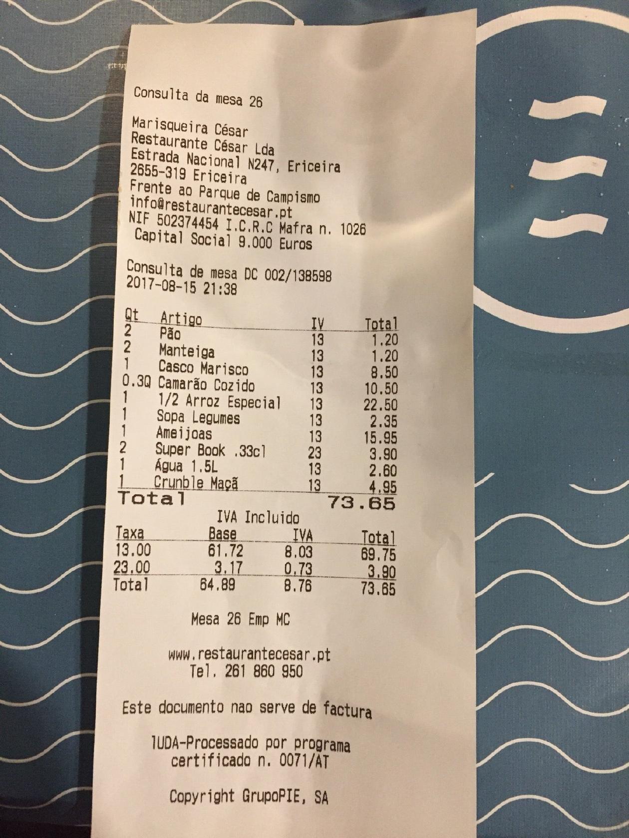 Menu em César restaurante, Ericeira