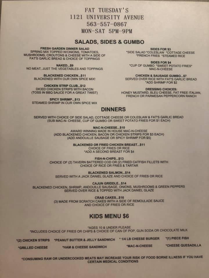 Menu at Fat Tuesday's pub & bar, Dubuque