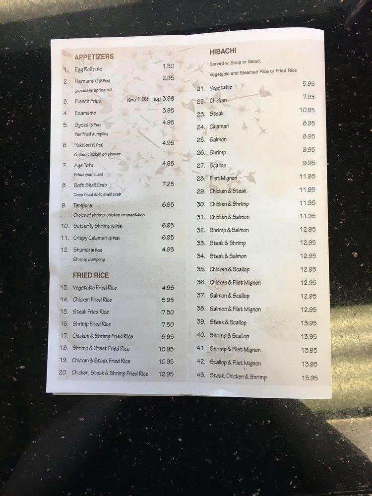 Menu at Osaka Japanese Express restaurant, Spring Lake