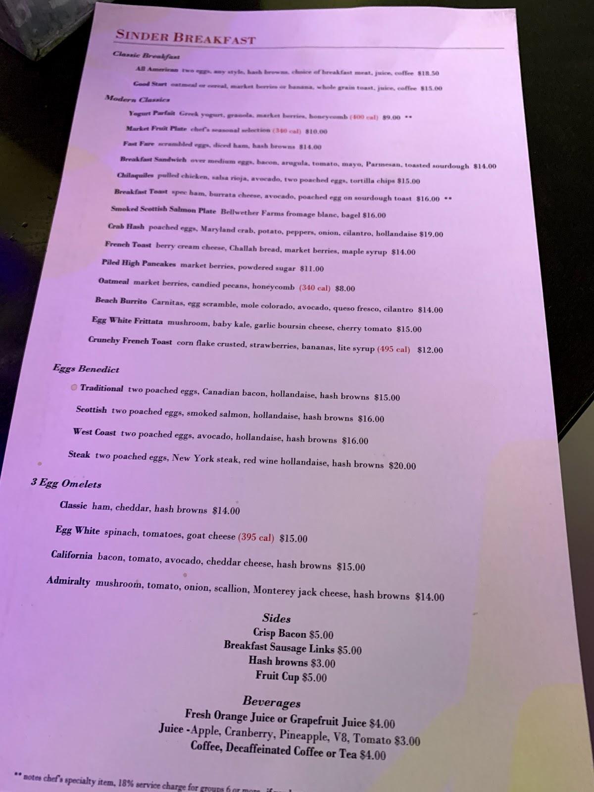 Menu at Sinder Lounge restaurant, Marina del Rey