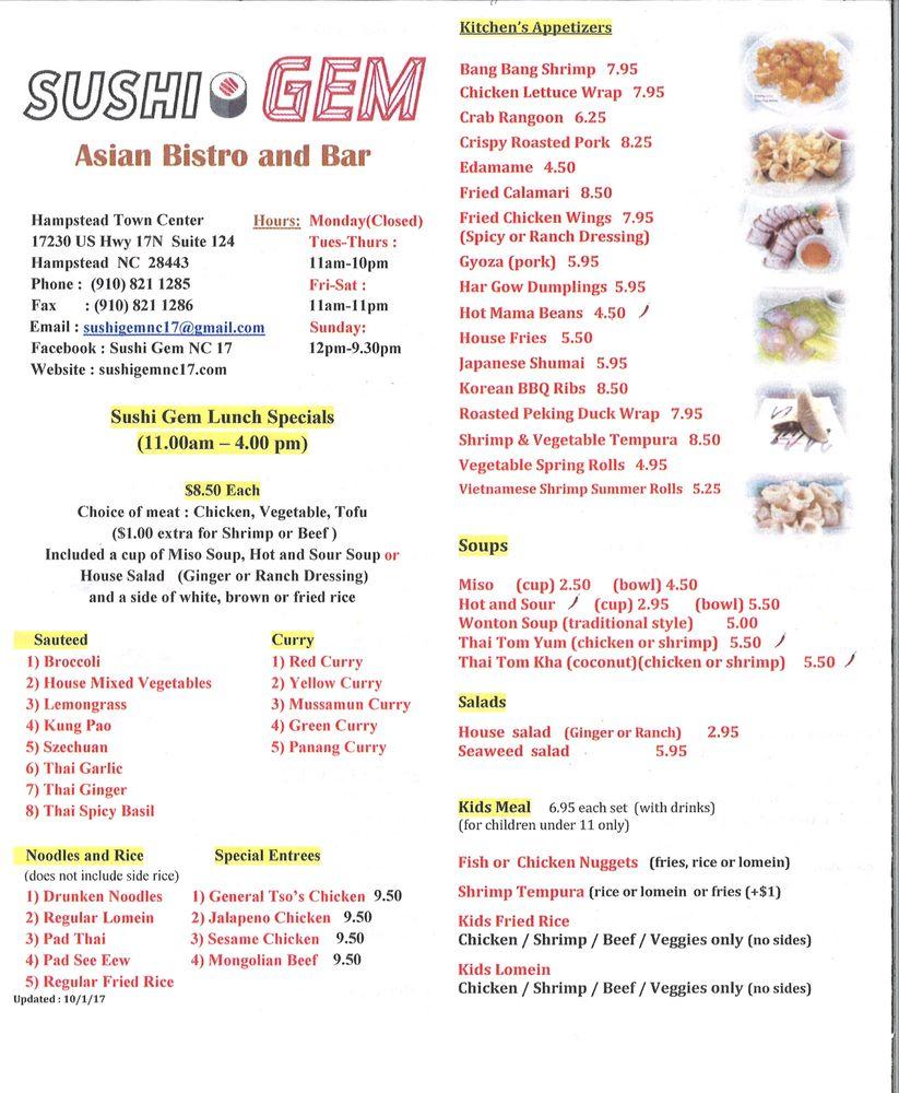 Menu at Sushi Gem Asian Bistro restaurant, Hampstead
