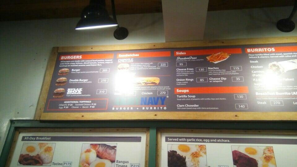 Menu at Army Navy Burger + Burrito restaurant, Malay, Boracay_s Boat ...
