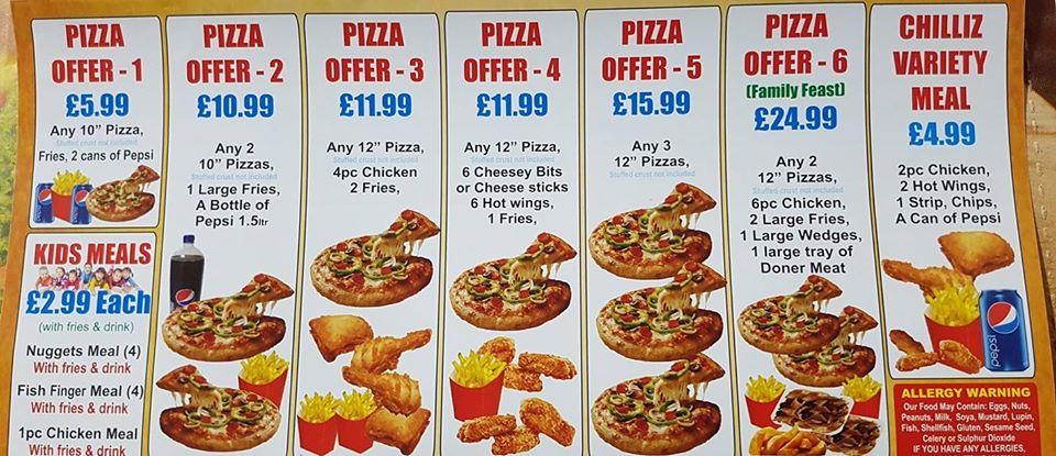 Menu at Chilliz pizzeria, Rotherham