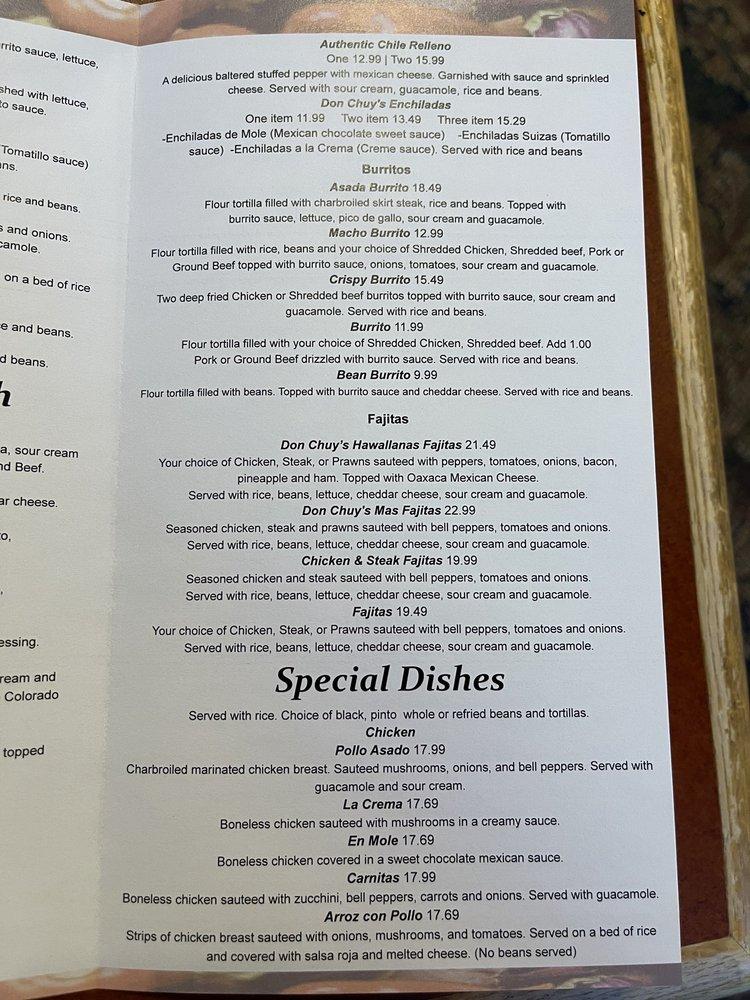 Menu at Don Chuy Mexican Restaurant, Bonney Lake