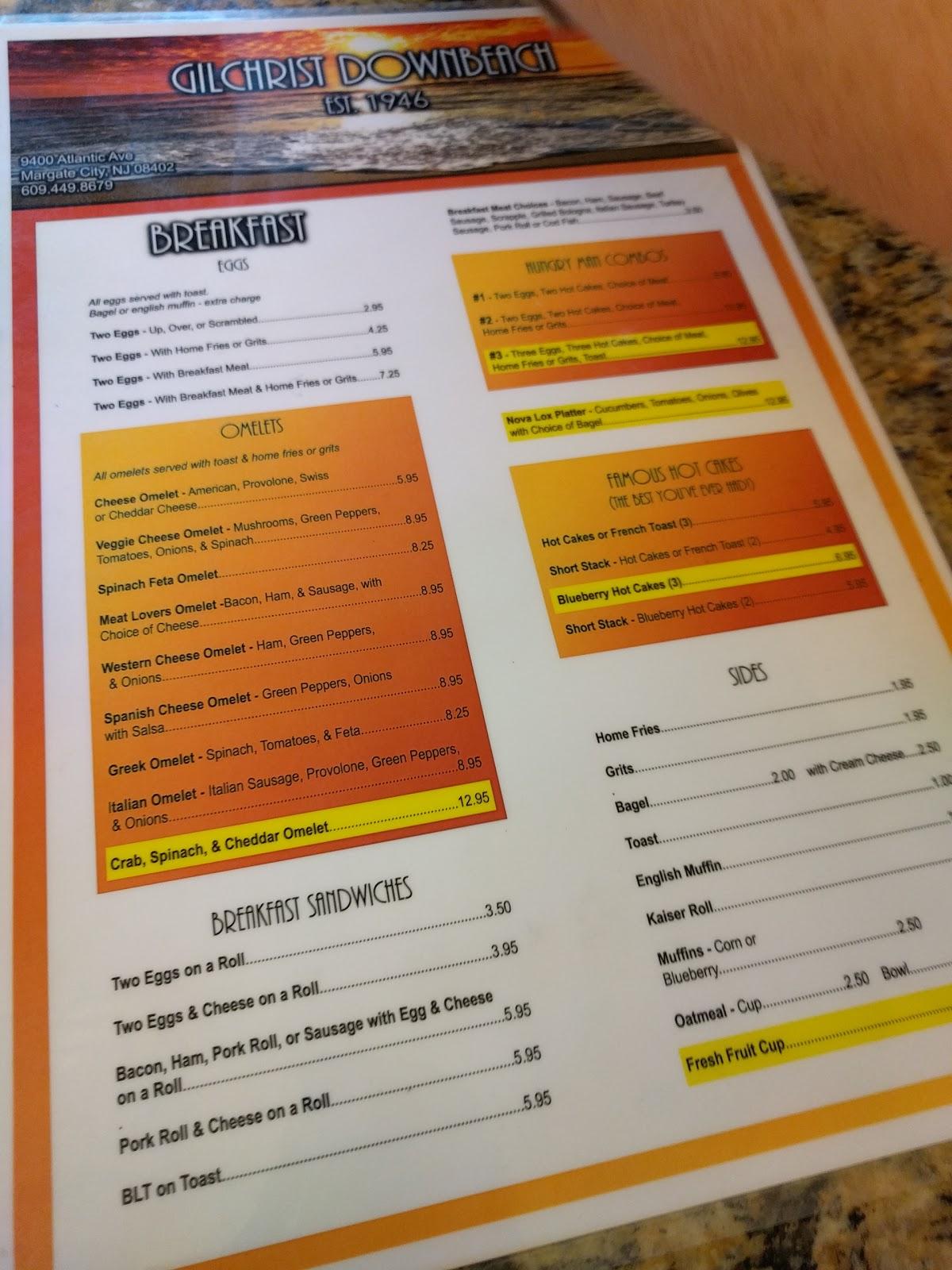 Menu at Gilchrist Downbeach Restaurant, Margate City