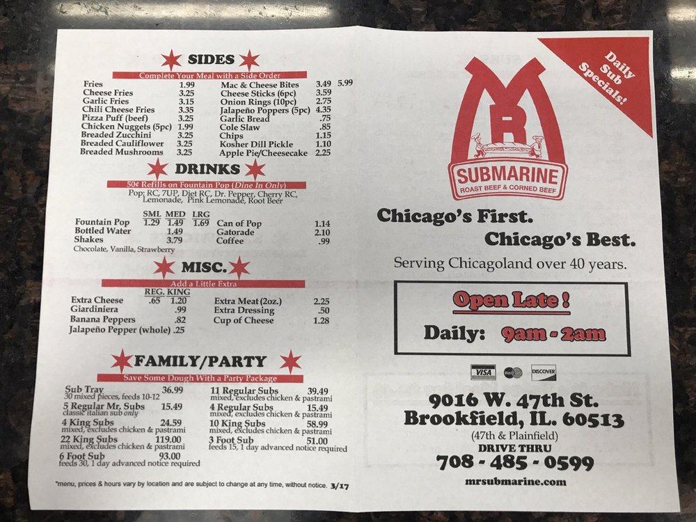 Menu at Mr. Submarine fast food, Brookfield, 47th St