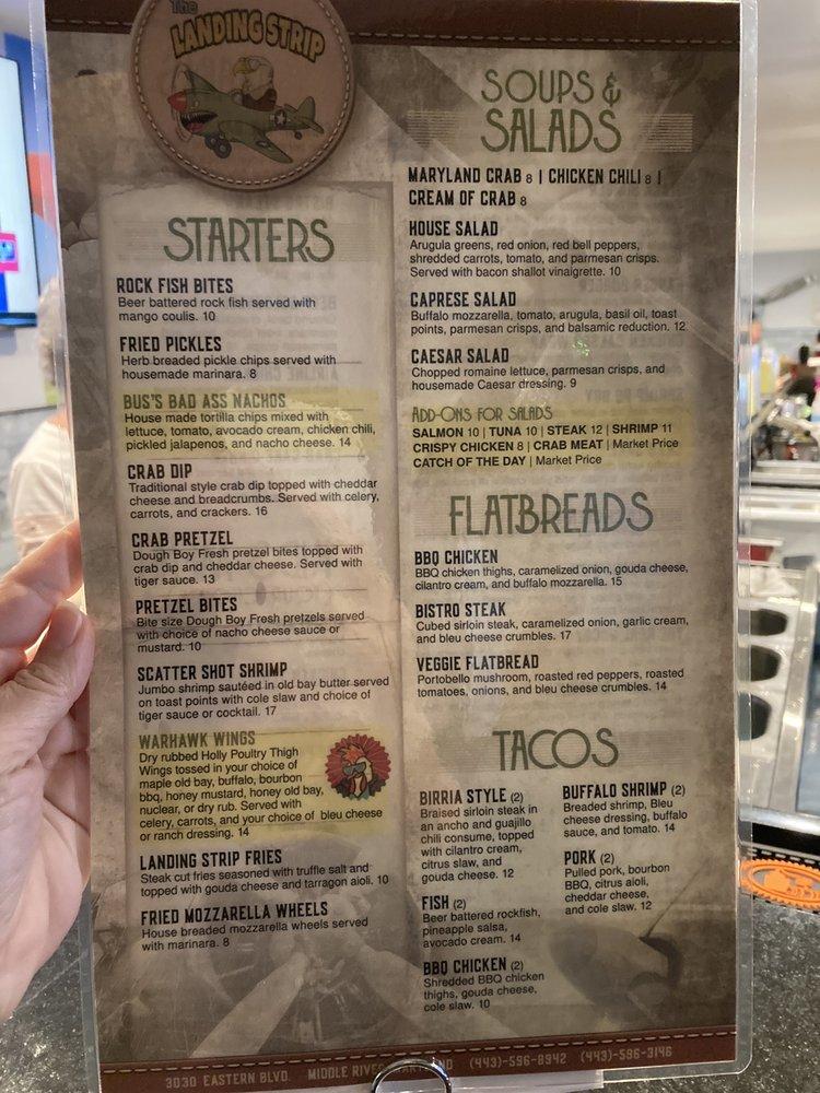Menu at The Landing Strip restaurant, Middle River
