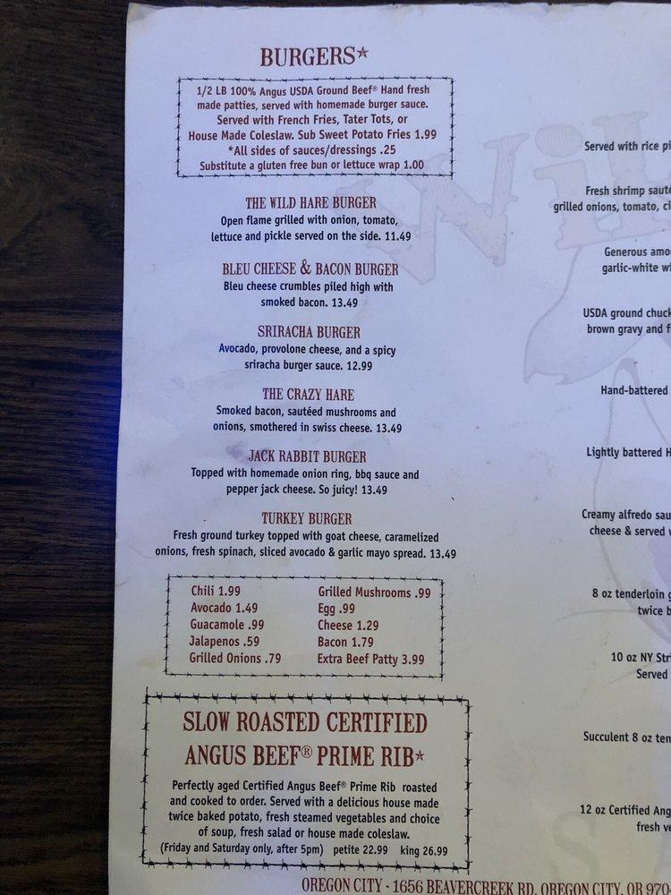 Menu at Wild Hare Saloon Canby pub & bar, Canby