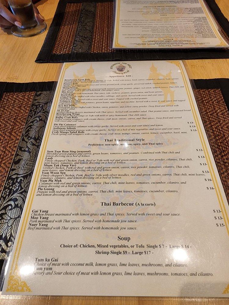 Menu at Bencharong Thai House restaurant, Arcata