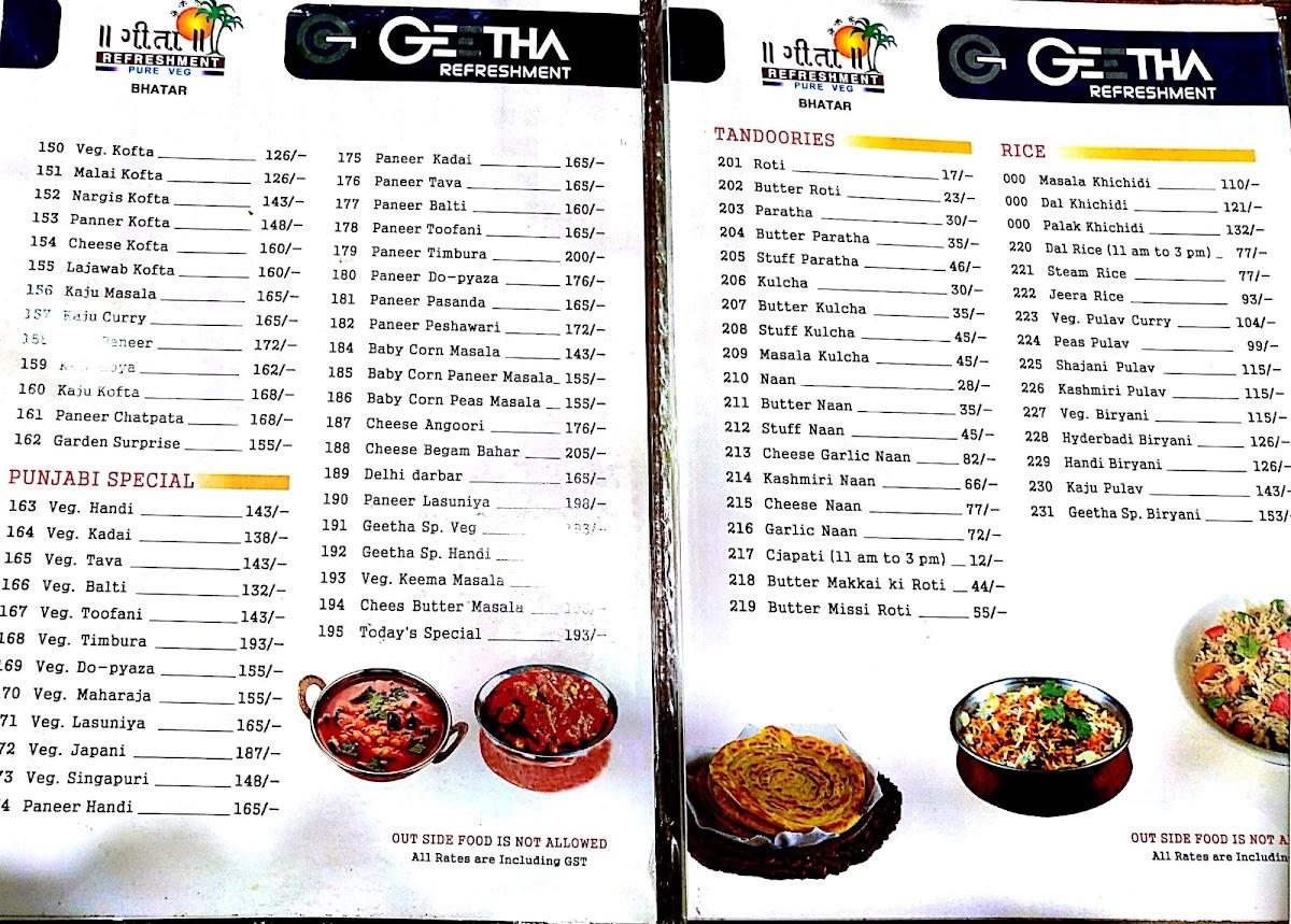 Menu at Geetha Refreshment, Surat