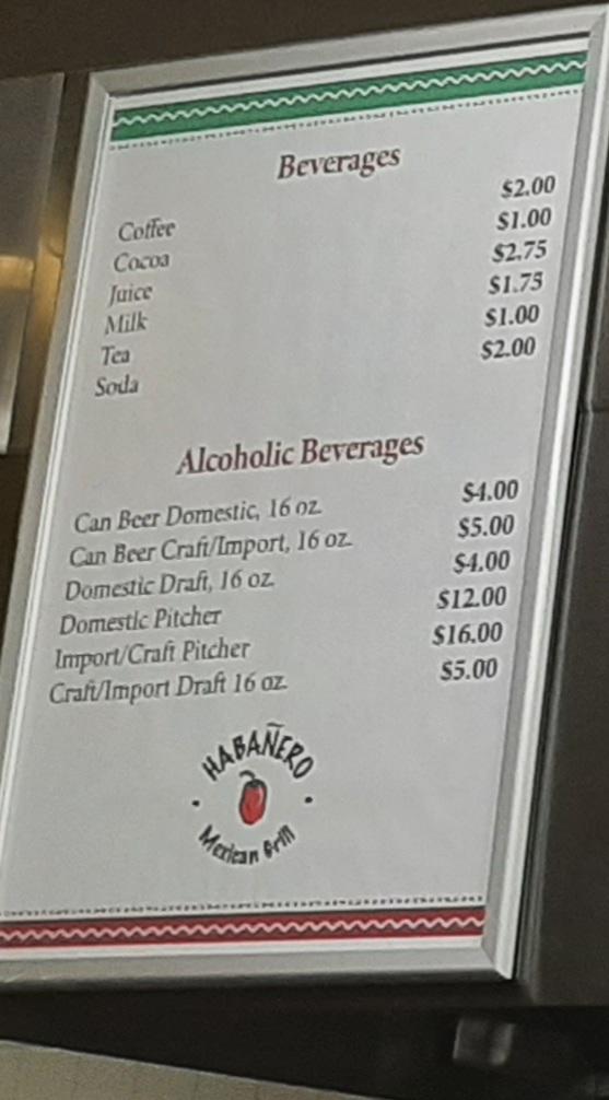 Menu at Habañero Mexican Grill restaurant, Joint Base Lewis-McChord