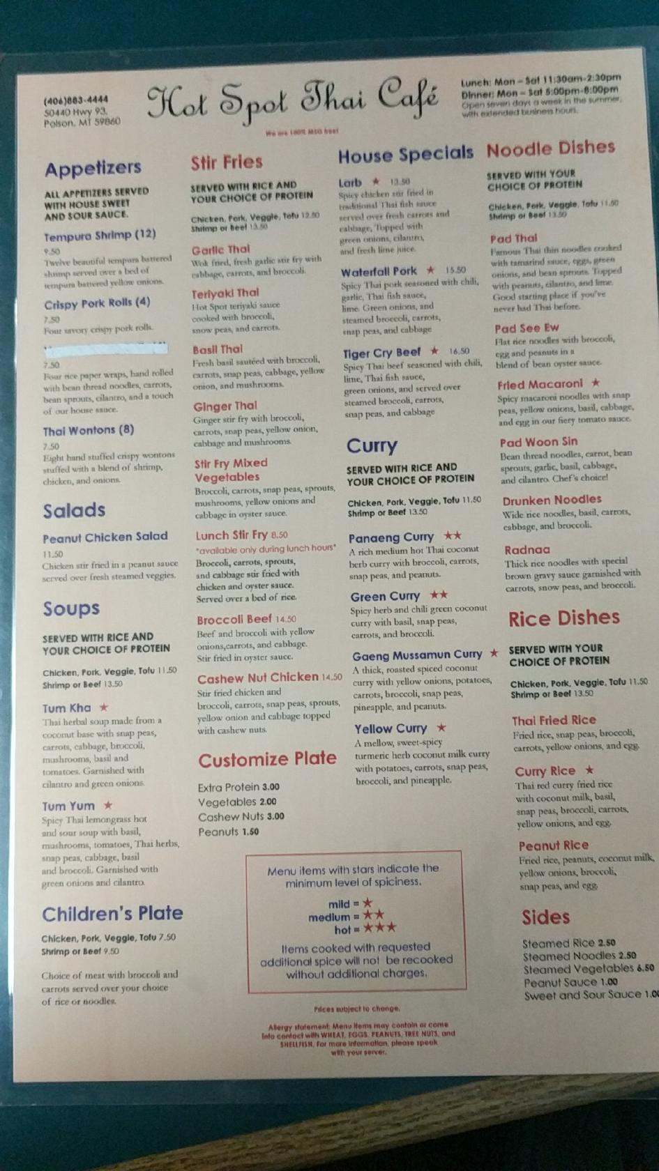 Menu at Hot Spot Thai Cafe, Polson