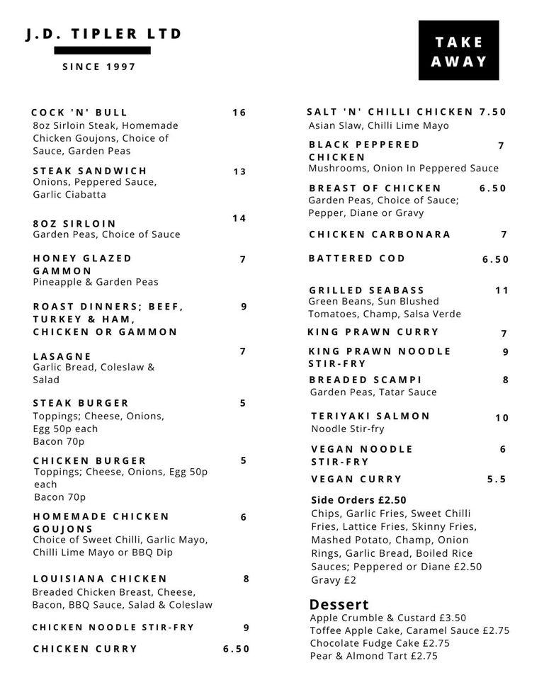 Menu at JD Tipler pub & bar, Portadown