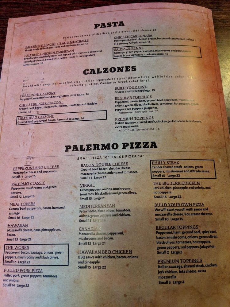 Menu at Palermo Pub, Oakville
