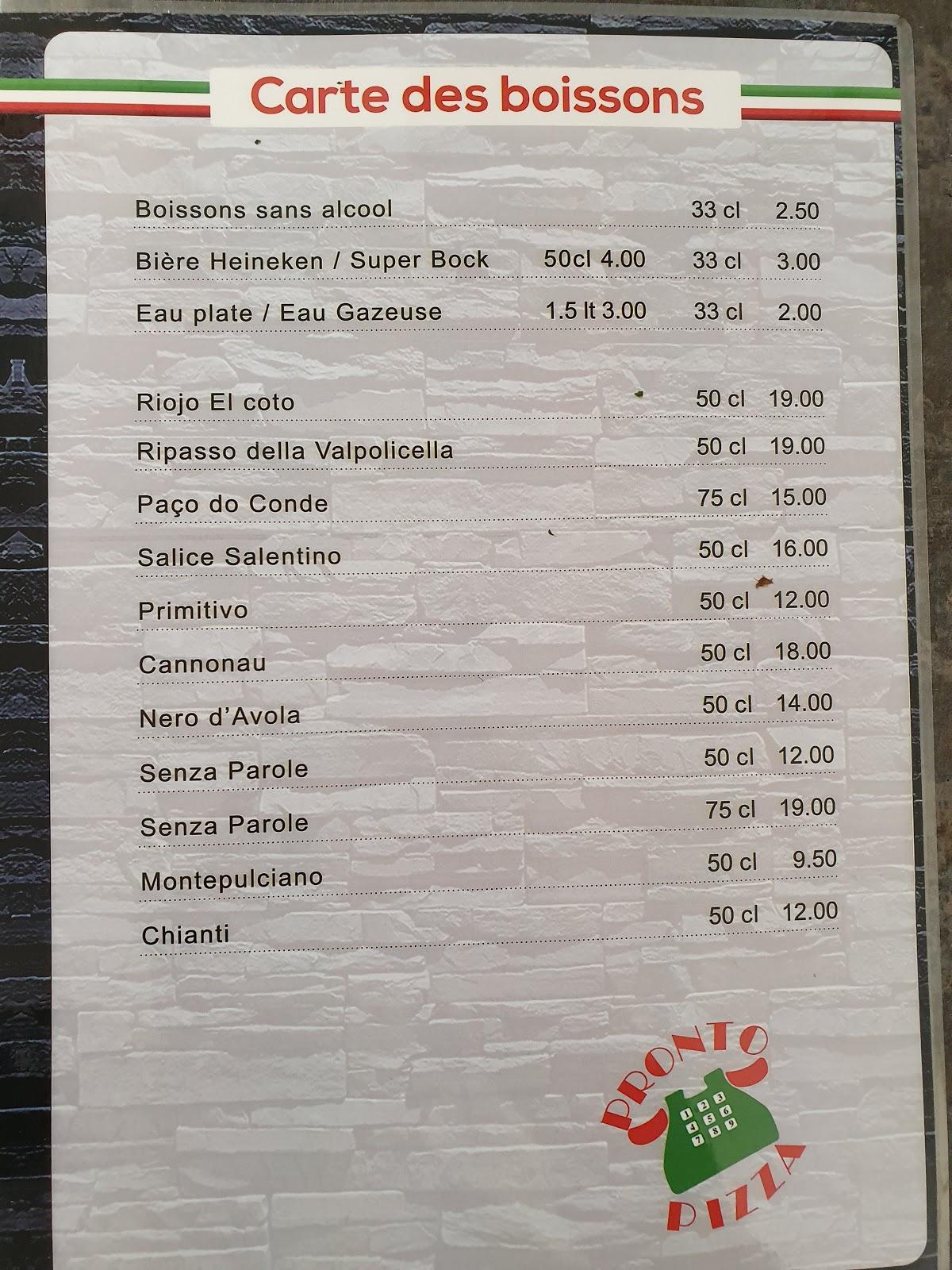 Menu at Pronto Pizza, Fribourg