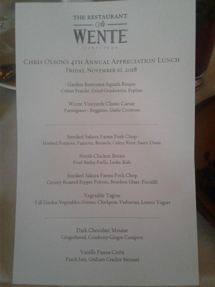 Menu at Wente Vineyards pub & bar, Livermore, Arroyo Rd