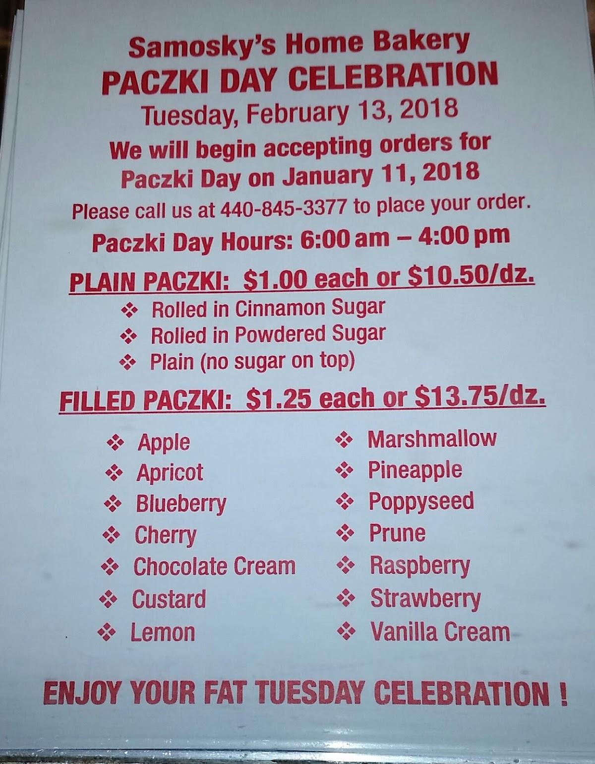 Menu at Samosky's Home Bakery, Cleveland