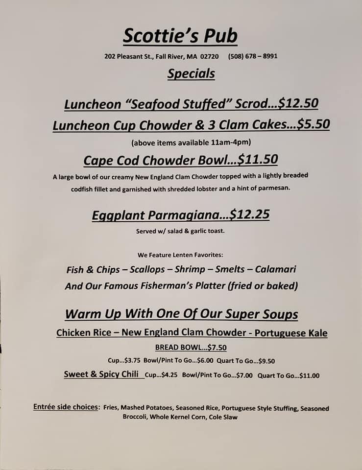 Menu at Scotties Pub, Fall River, 202 Pleasant St