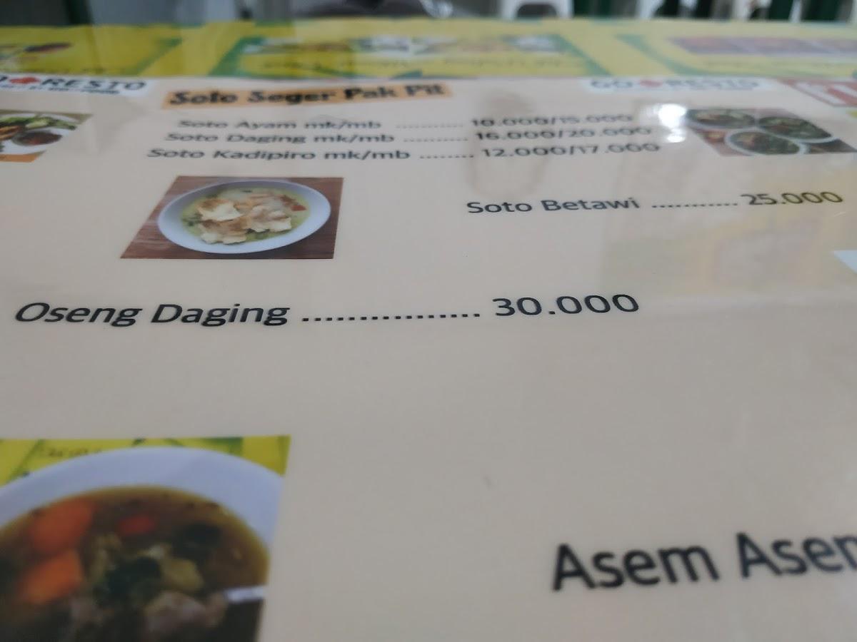 Menu at Soto Seger Pak Pit restaurant, Tegal