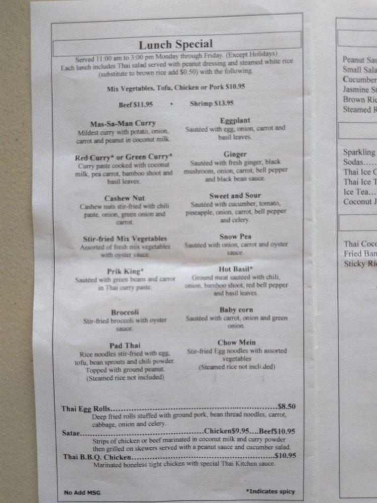 Menu at Thai Kitchen restaurant, Napa, Trancas St