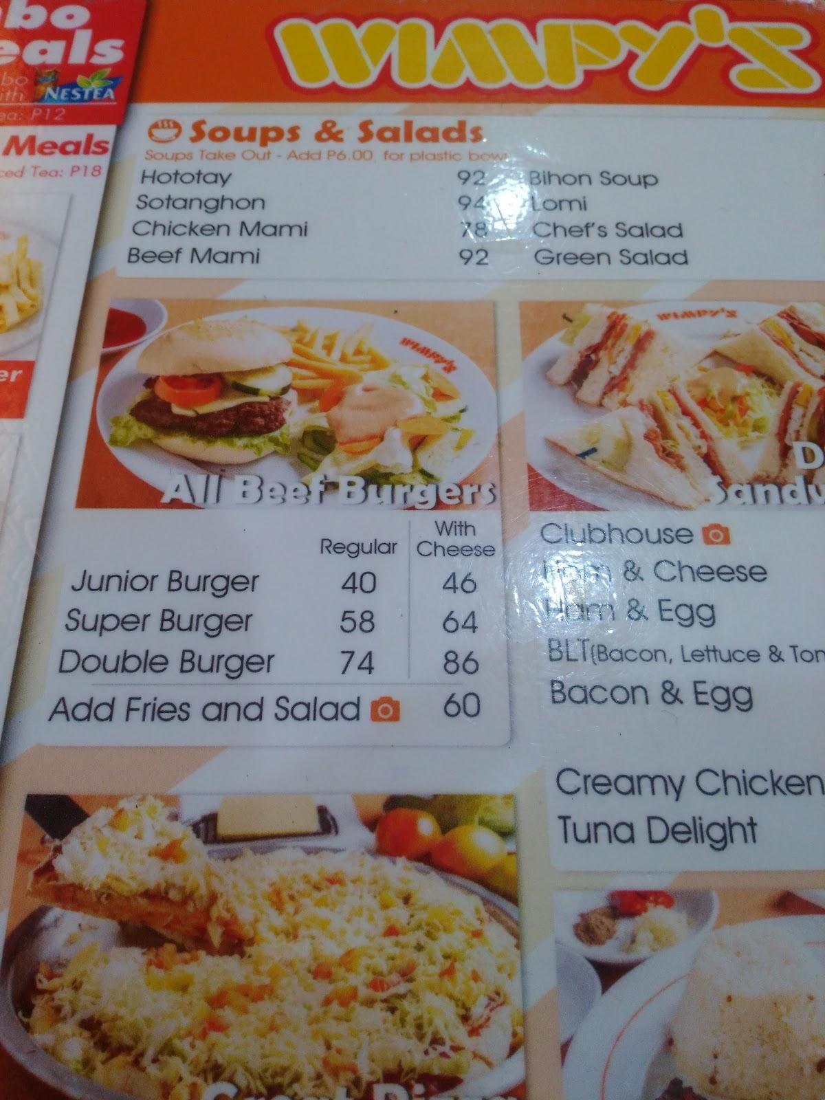 Menu at Wimpy's restaurant, Olongapo, R7HJ+CVR