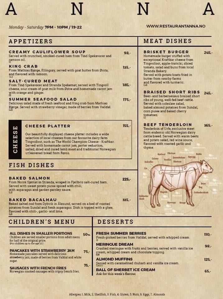 Menu at ANNA restaurant, Stranda