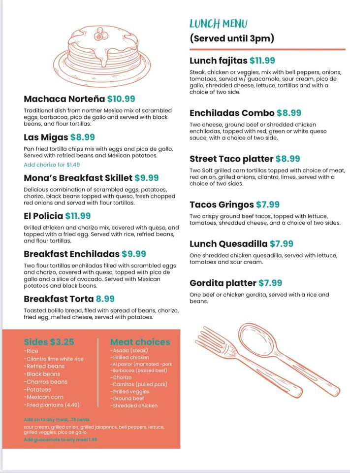 Menu at Cafe Mona, Stillwater