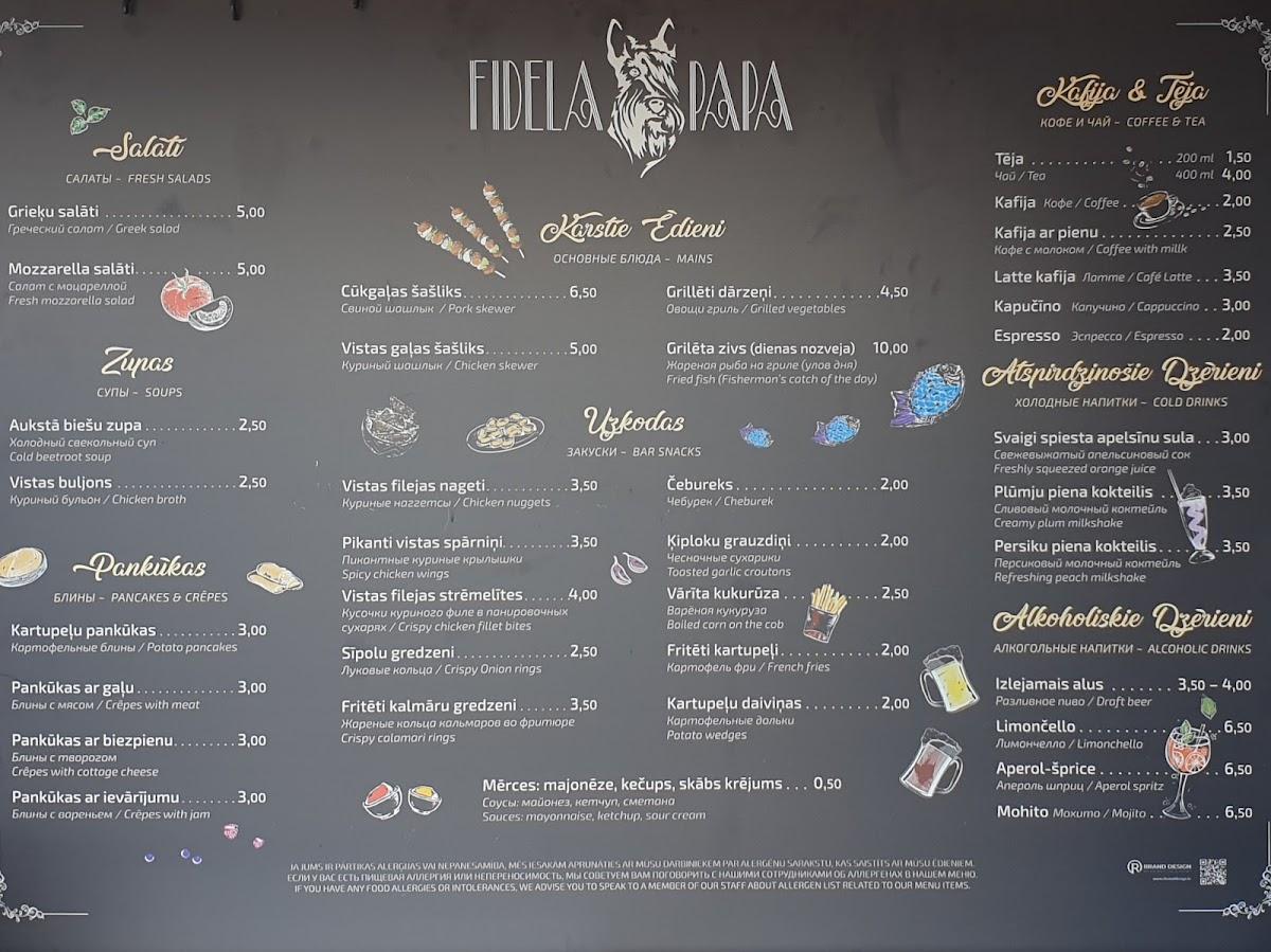 Menu au "Fideļa papa" café, Jūrmala