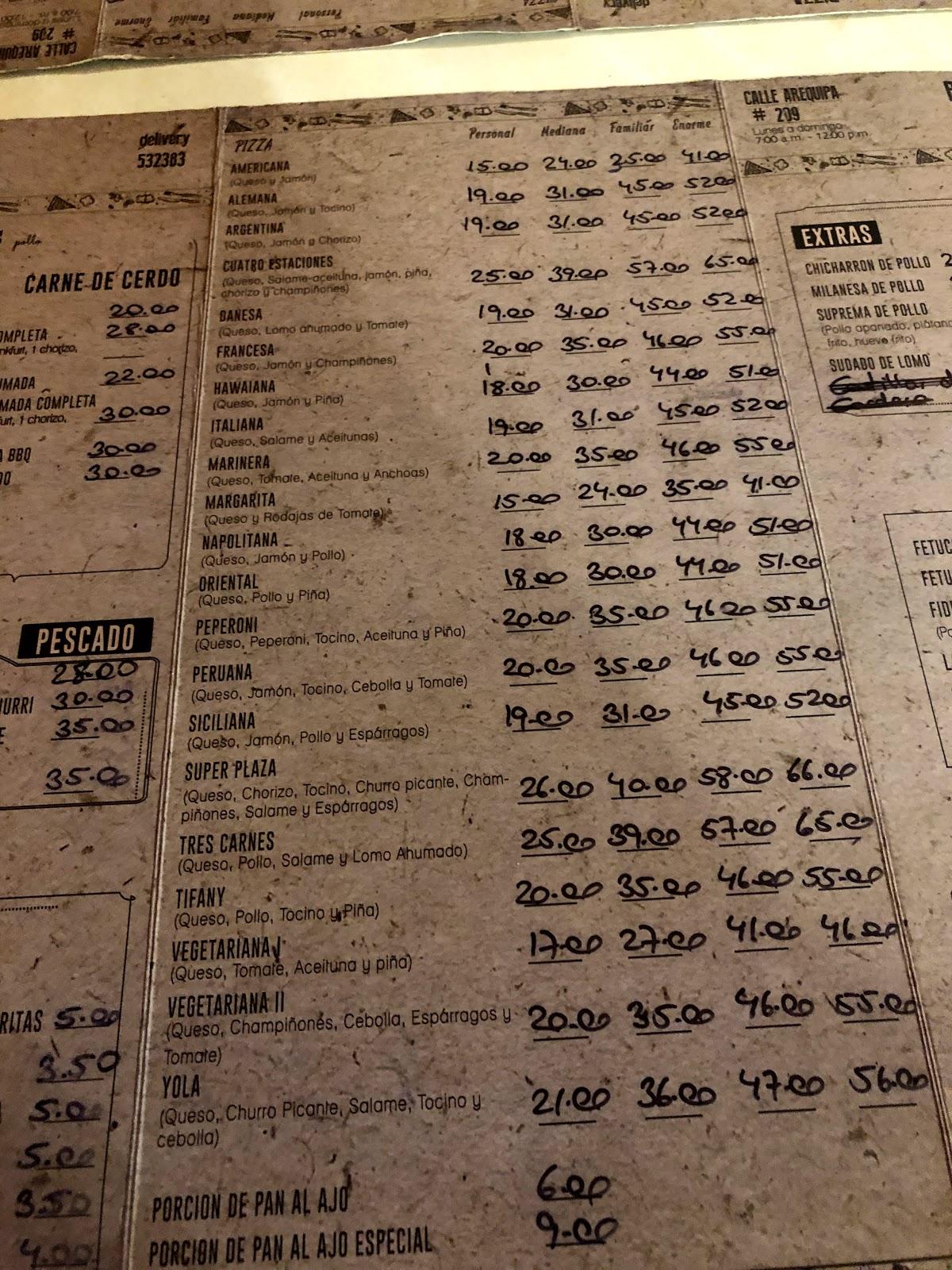 Menu at PIZZA PLAZA restaurant, Mollendo